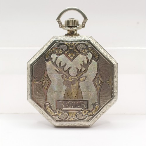 A 14ct white gold Waltham octagonal pocket watch, 4 cm diameter