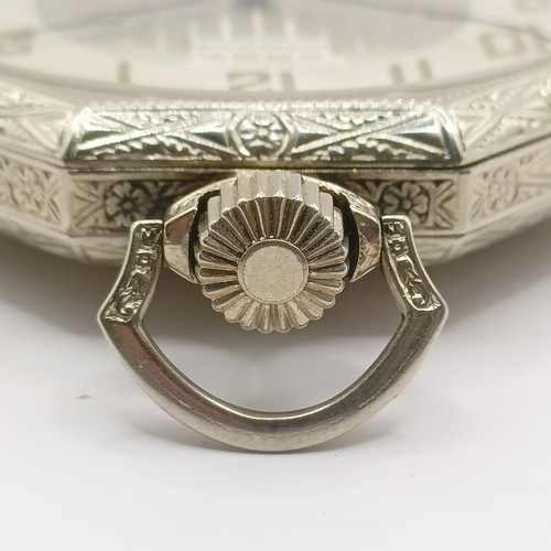 A 14ct white gold Waltham octagonal pocket watch, 4 cm diameter