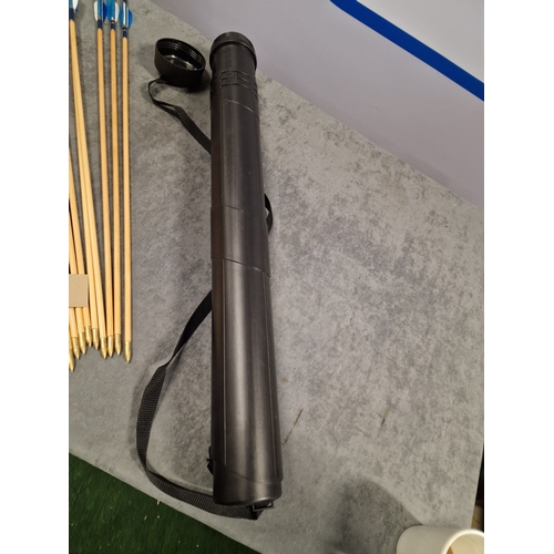 18 X Longbow Arrows In A Plastic Tube Case With Carry Strap 29"