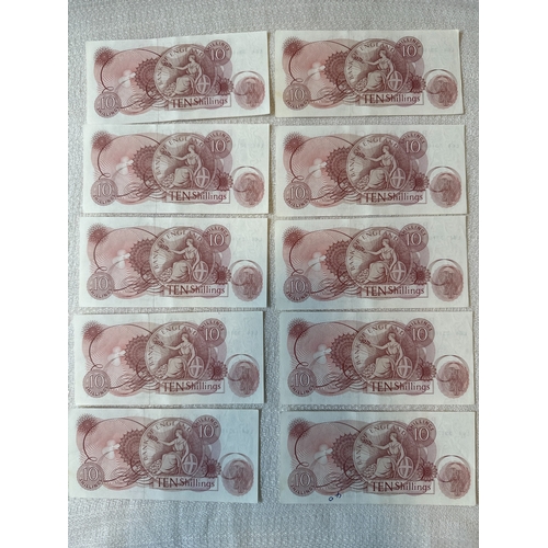 10 x Crisp Ten Shilling Notes all consecutive numbers L64 331691 ...