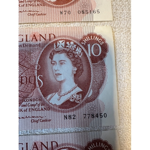 5 x Ten Shilling Notes all Cheif Cashier J. Hollom numbers pictured.