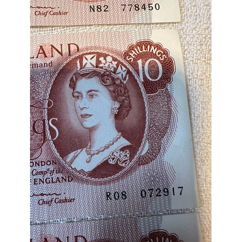 5 x Ten Shilling Notes all Cheif Cashier J. Hollom numbers pictured.