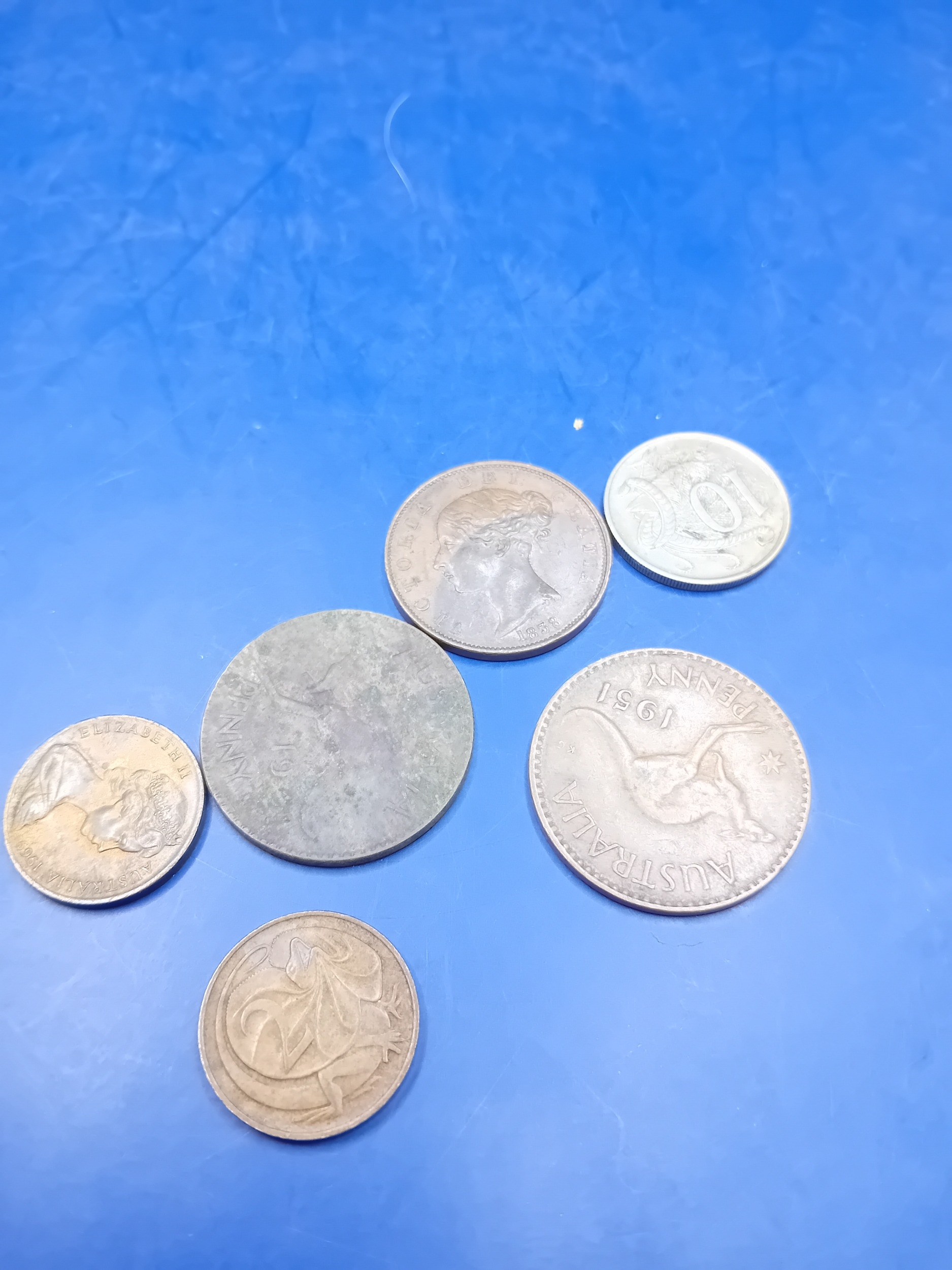 A collection of six (6) heavily circulated base metal coins from the ...