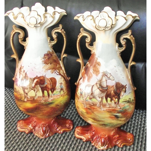 Pair victorian mantle vases with shire horse scenes