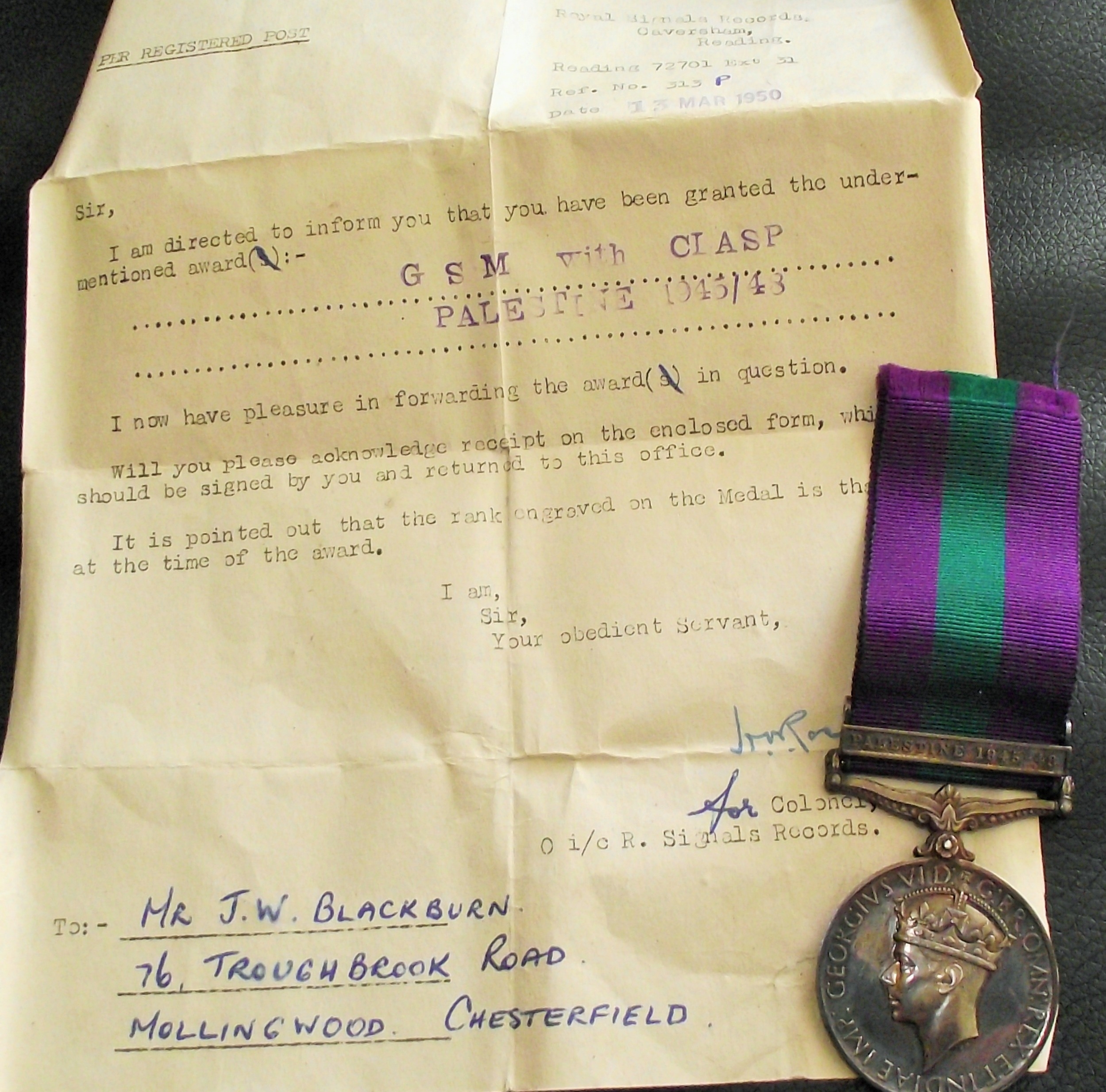 A British military collectible awarded to Mr. J.W. Blackburn, Royal ...