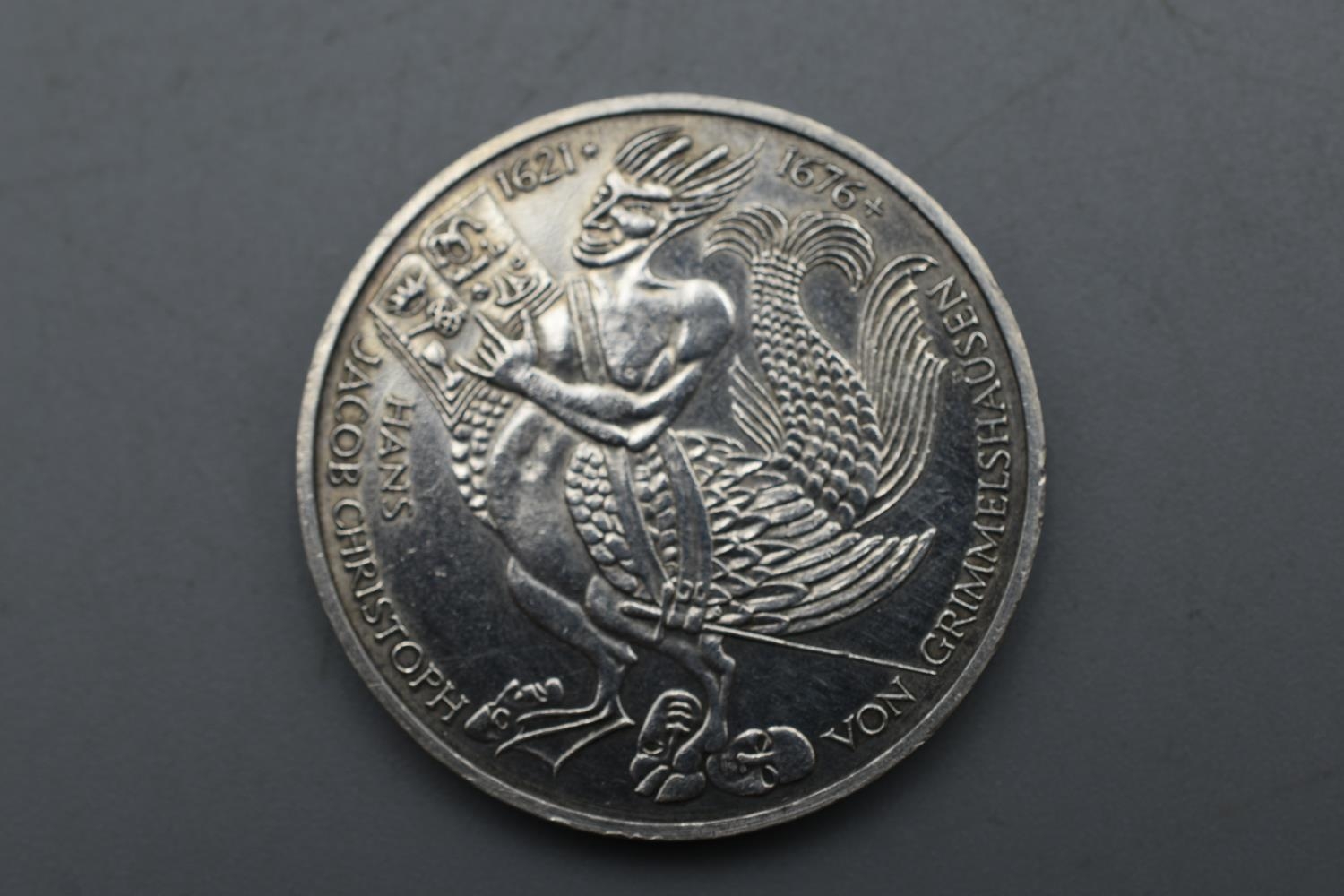 A 1976 Silver German 5 Mark Coin, Hans Jakob Christoffel von Grimmelshausen