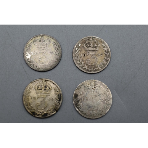 Four Silver Victorian Three Pence Coins