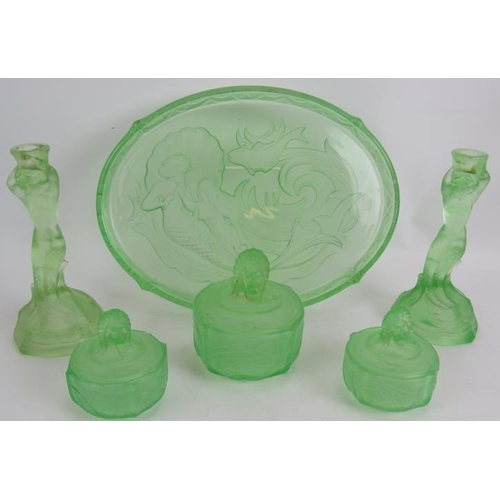 An Art Deco green uranium glass six piece 'Mermaid' dressing table set ...