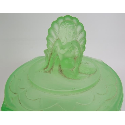 An Art Deco green uranium glass six piece 'Mermaid' dressing table set ...