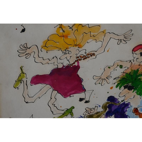 Simon Key (contemporary cartoonist) - 'Party', mixed media, signed and dated, label verso, 41cm x 59