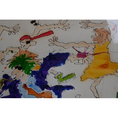 Simon Key (contemporary cartoonist) - 'Party', mixed media, signed and dated, label verso, 41cm x 59