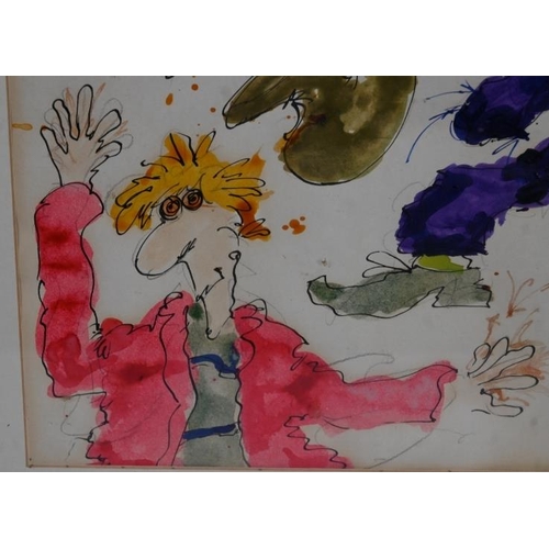 Simon Key (contemporary cartoonist) - 'Party', mixed media, signed and dated, label verso, 41cm x 59