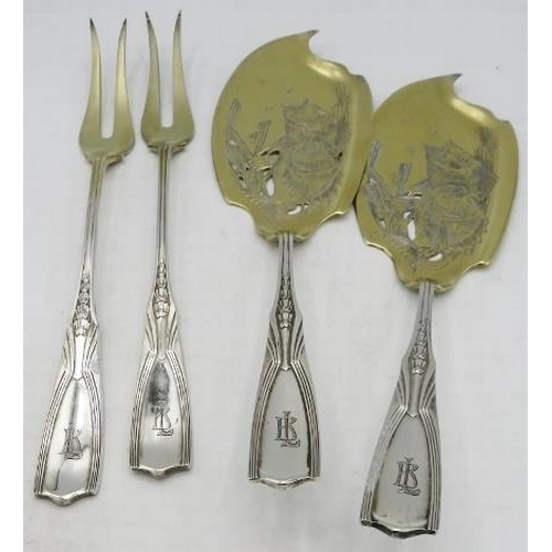 Two pairs of '800' silver Art Deco fish servers, gilded bowls & fork ...