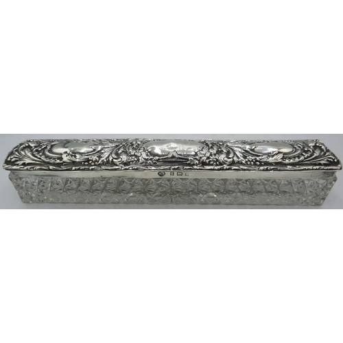 A cut glass long rectangular pin box with silver lid, floral embossed ...