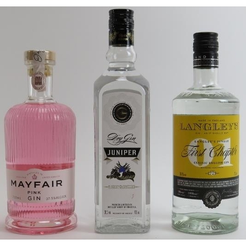 Three bottles of gin. Comprising Mayfair Pink Gin, Juniper Dry Gin and ...