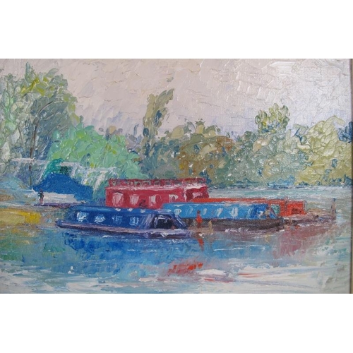 Darrell Mitchell (British, b. 1968) - A framed oil on board, 'Barges on ...