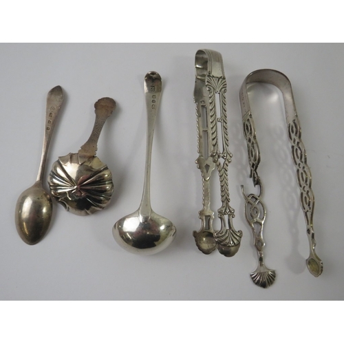 Two pairs of Georgian silver sugar tongs (one broken), a Georgian ...