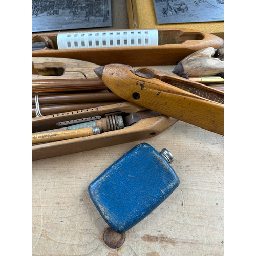 Group of Collectables including Mill Shuttles & Hip Flask