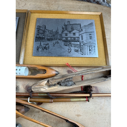 Group of Collectables including Mill Shuttles & Hip Flask