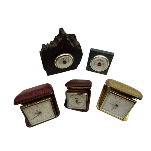 Three Vintage Travel Clock with Two Desktop Thermometers