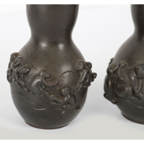 PAIR OF CHINESE BRONZE VASES - MONKEYS GATHERING PEACHES