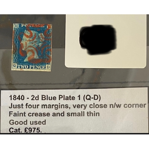 1840 2 penny blue stamp with red MX, Plate 1 (Q-D), GB QV, just 4 ...