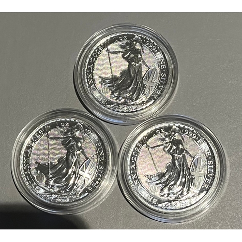 3 x encapsulated Silver Britannia coins, 2023, KC3 by Royal Mint