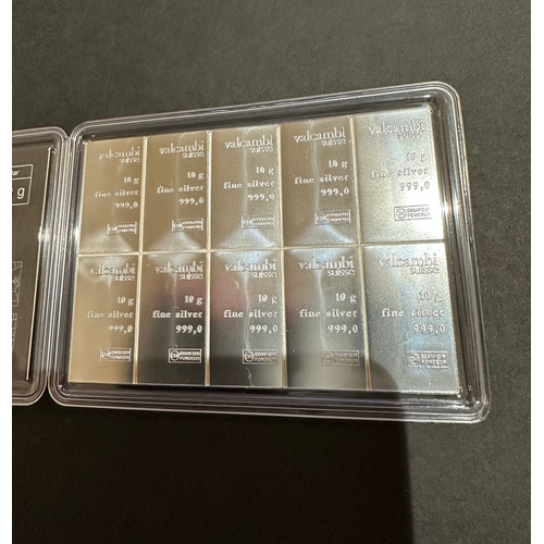 Fine Swiss silver combi bullion bar 999 fineness, 100g, divides by bending / snapping