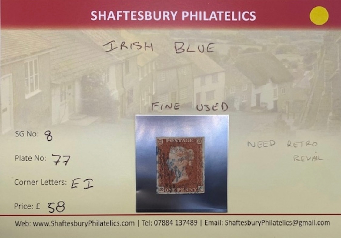 Penny red imperforate stamp, SG#8, Plate 77, Irish blue (E-I), Irish ...