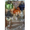 Box containing 3 oil lamps with coloured glass reservoirs and a 4th ...