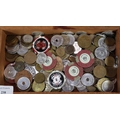 Wooden box of assorted tokens: bus tokens, National Transport tokens ...