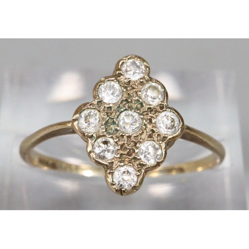 9ct gold Art Deco style nine stone cluster ring. Size M1/2. 1.7g approx ...