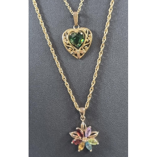 9ct gold fine link chain with 9ct gold multi-coloured stone flowerhead ...