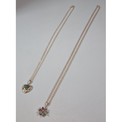 9ct gold fine link chain with 9ct gold multi-coloured stone flowerhead ...