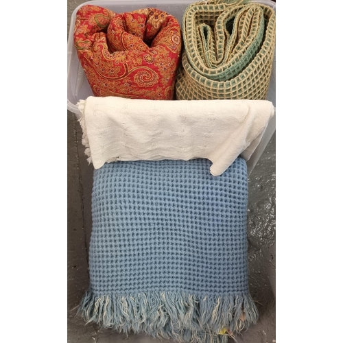 Box of textiles to include: two vintage woollen honeycomb blankets; one ...