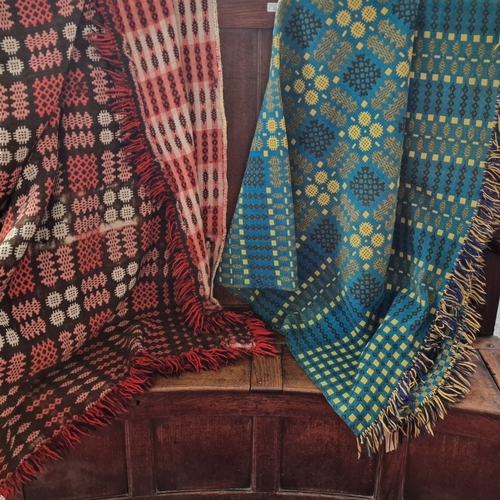 Two vintage Welsh carthens, green, blue and yellow (173x210cm approx ...