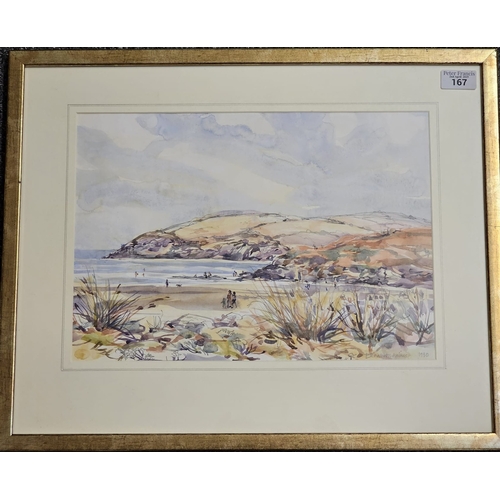 Elizabeth Haines (20th century Welsh), Manorbier Beach with figures ...