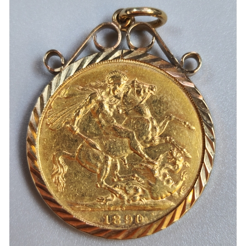 Victorian gold full Sovereign dated 1890, on ornate 9ct gold pendant ...