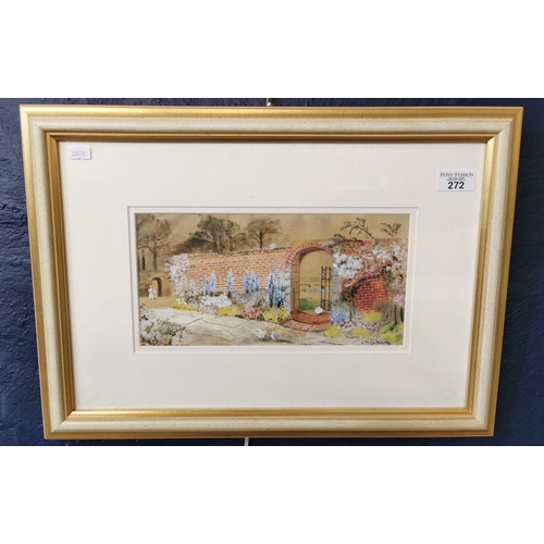 J M Pickering (early 20th century), a garden wall with gate and Lupins ...