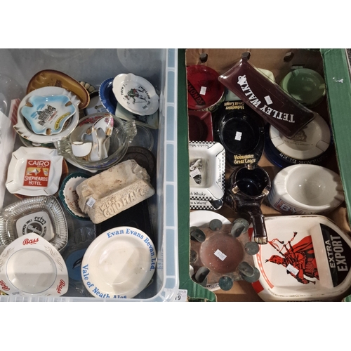 Two boxes of glass, ceramic and other ashtrays to include: Piper Extra ...