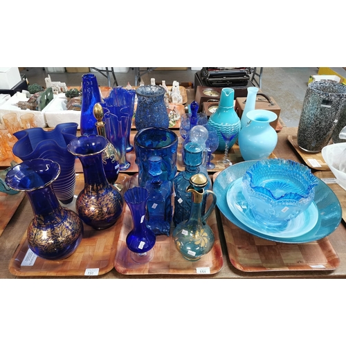 Large collection of mainly blue glass items to include: centre bowls ...