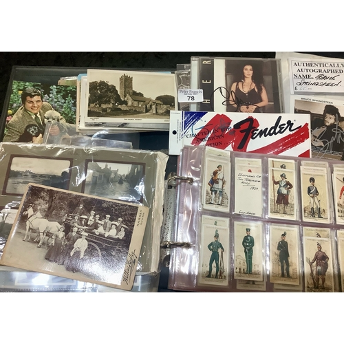 Box with selection of cigarette cards, postcards, old photos and a few ...