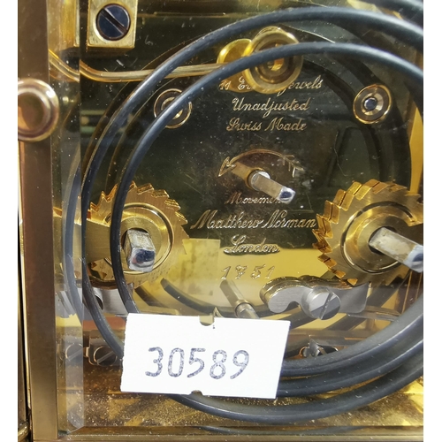 Matthew Norman, London, a brass repeater carriage clock marked to the ...