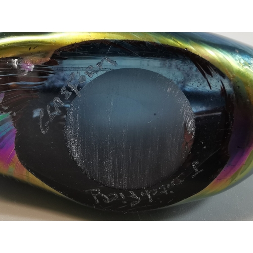 John Ditchfield, iridescent Glasform paperweight, signed to the base J ...