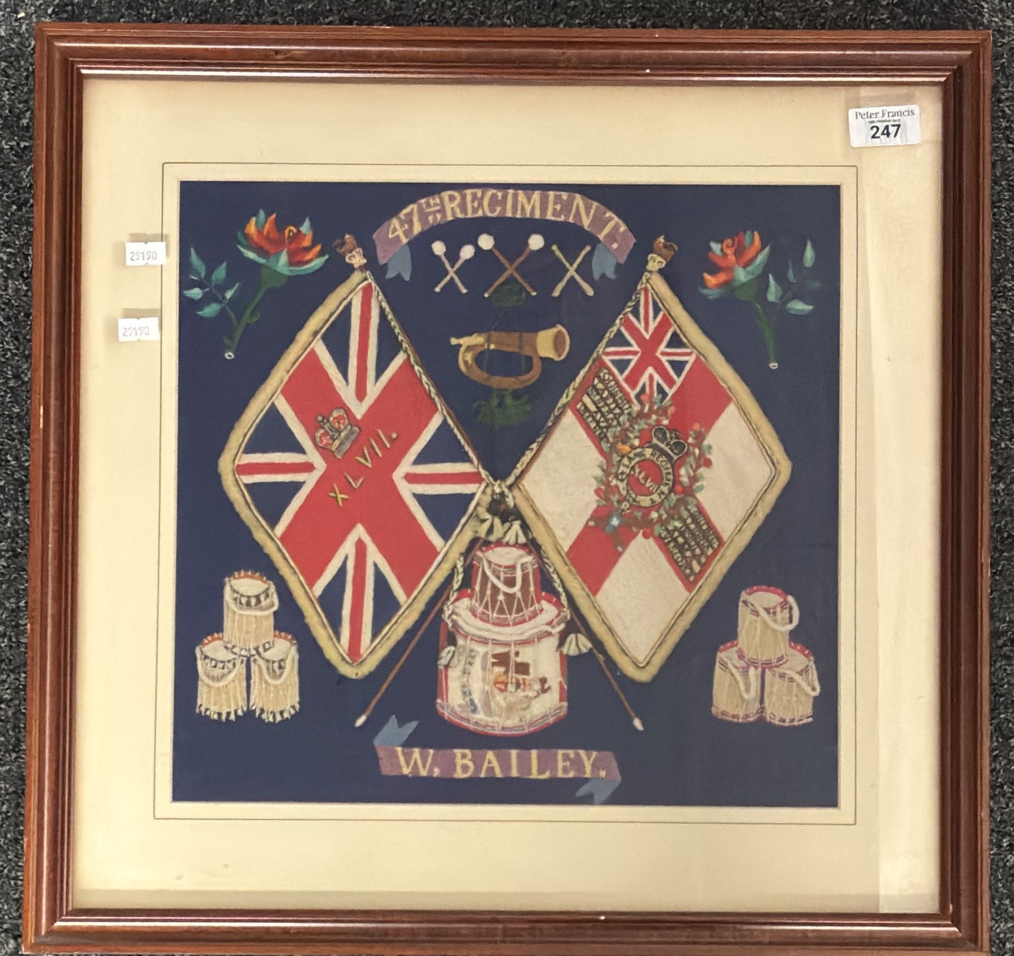 Needlework hand embroidered Regimental Banner depicting Battle Honours ...