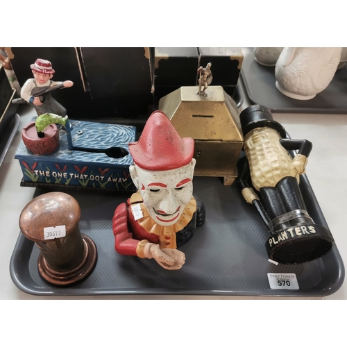 Collection of metal novelty money boxes in the form of: Mr Peanut, 'The ...