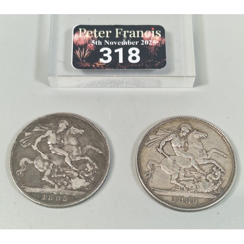 Two Victorian silver crowns dated 1889 and 1895. (B.P. 21% + VAT)