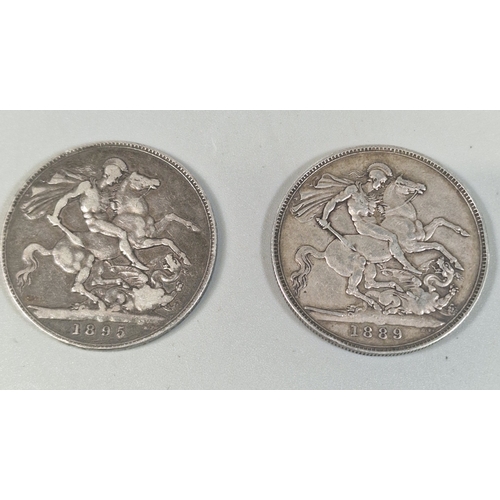 Two Victorian silver crowns dated 1889 and 1895. (B.P. 21% + VAT)