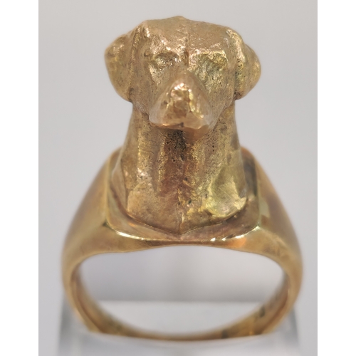 9ct gold Labrador dog head ring. 28g approx. Size T. (B.P. 21% + VAT)