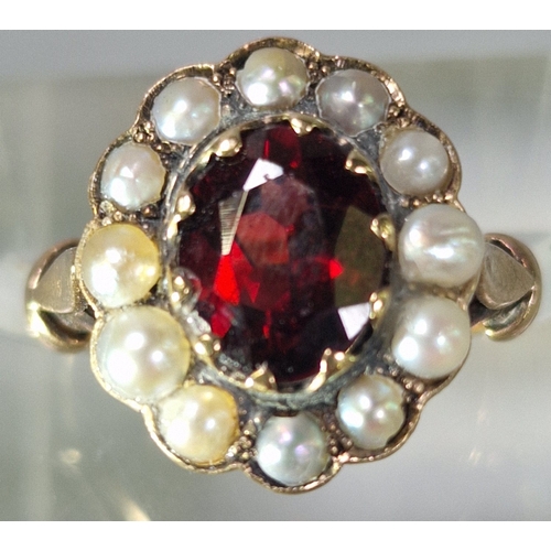 9ct gold pearl and ruby cluster ring. 4.3g approx. Size L 1/2. (B.P. 21 ...